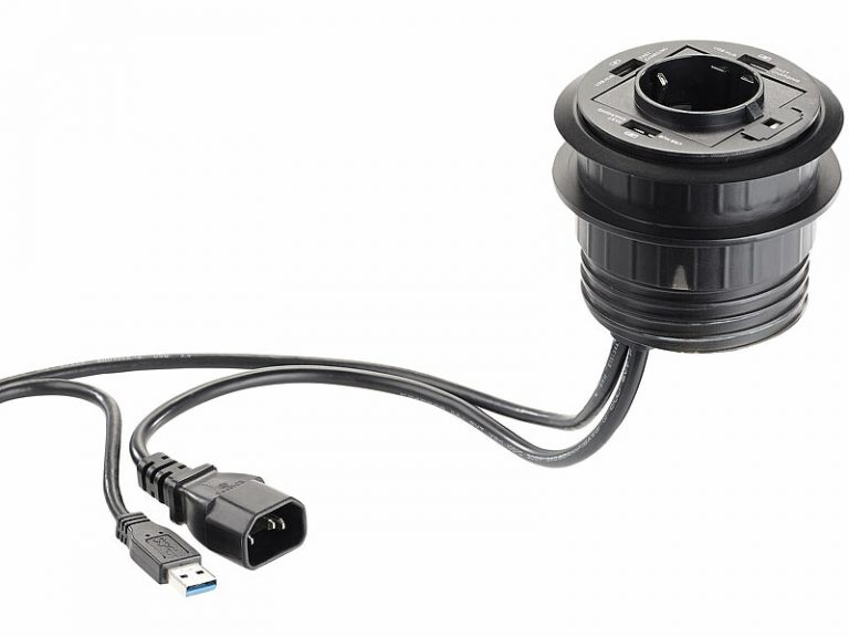 Hub USB actif encastrable avec prise 230 V, 2 ports USB 3.0 et passe-câbles | ReVolt.fr